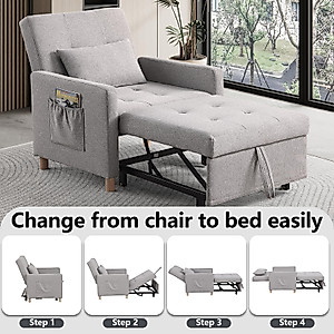 Keainvren Sleeper Chair Bed Convertible Chair Bed Sleeper Pull Out Sofa Bed with Adjustable Backrest Linen Fabric Convertible Chair to Bed with Side Pocket for Bedroom,Living Room, Apartment