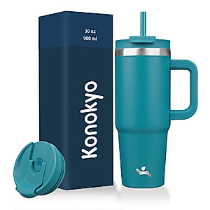 Konokyo 30 oz Tumbler with Handle and 2 Straws,2 in 1 Lid Insulated Water Bottle Stainless Steel Travel Coffee Mug,Blue