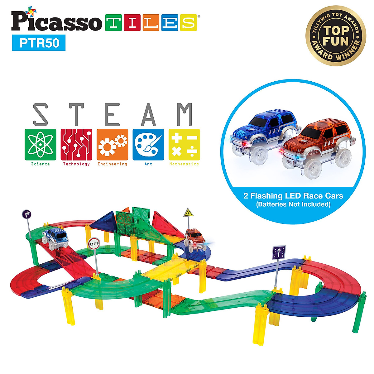 PicassoTiles 50 Piece Race Car Track + Ideabook with Over 150+ Ideas, Magnet DIY Playset 2 Light Up Car STEM Learning Kit Hand-Eye Coordination Fine Motor Skill Training, Unique Innovative Creations
