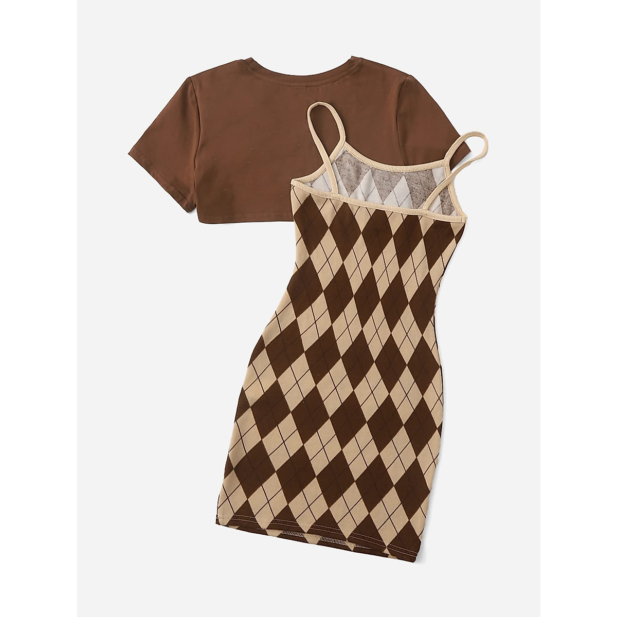 Romwe Girl's 2 Piece Outfits Argyle Print Cami Short Dress with Crop Top Tee Brown 11-12Y