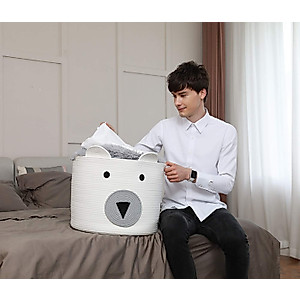 Bear Basket, Animal Basket, Large Cotton Rope Basket, Large Storage Basket, Woven Laundry Hamper, Cloth Storage Bin, for Clothes in Bedroom (White, 18"x15")