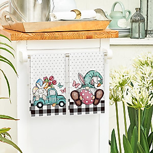 Artoid Mode Buffalo Plaid Gnome Egg Truck Bunny Rabbit Easter Kitchen Towels Dish Towels, 18x26 Inch Seasonal Spring Decoration Hand Towels Set of 2