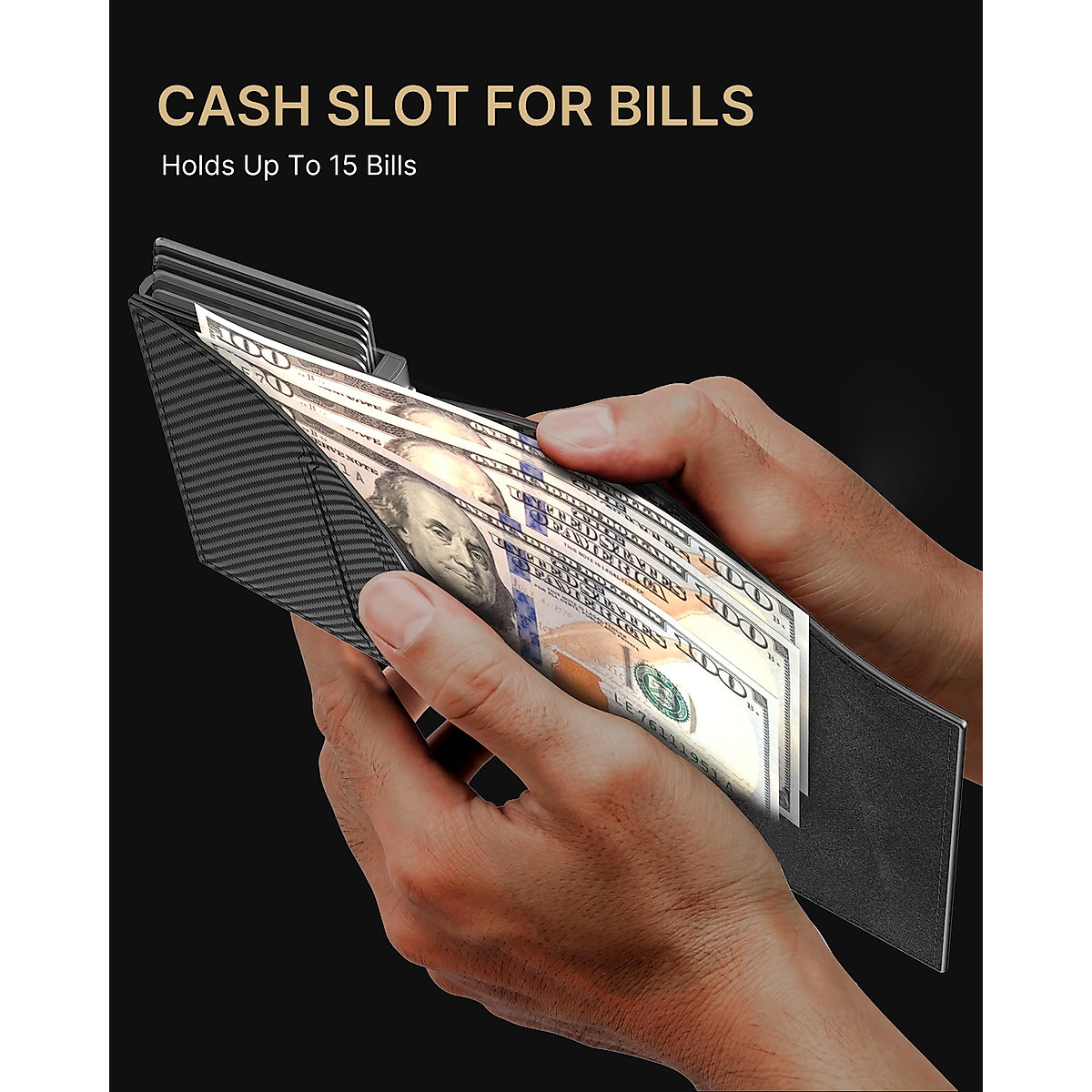 typecase Mens Wallet Card Holder: Pop Up Aluminum Case, Genuine Leather, Smart, RFID Blocking, Slim, Minimalist, Front Pocket - 9-14 Card Capacity | ID Window | Cash Slot (Carbon Fiber)