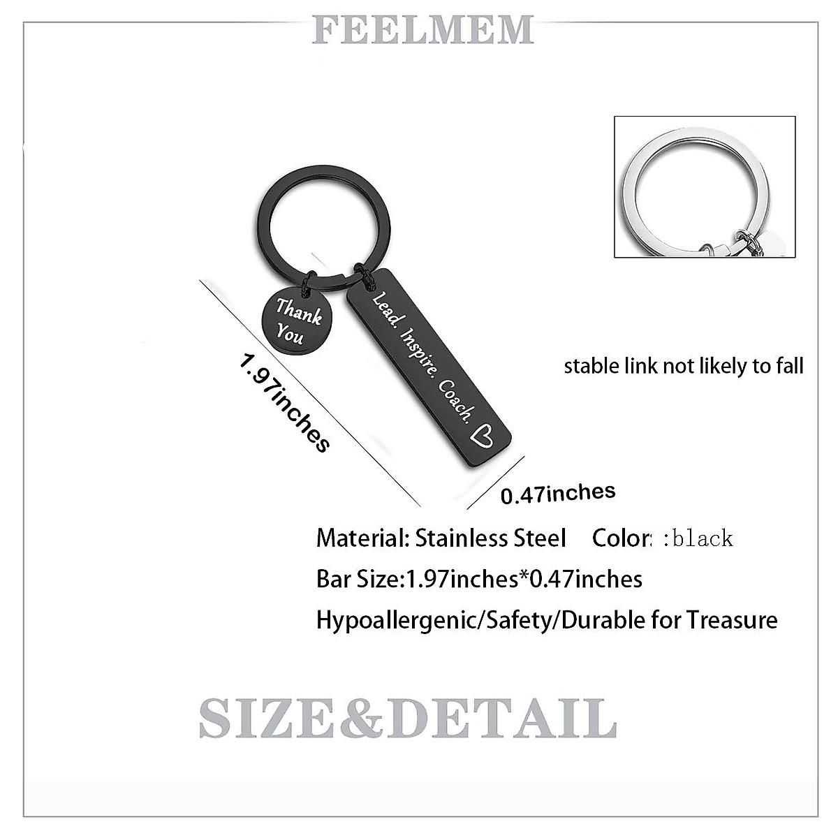 FEELMEM Coach Keychain - Stainless Steel Lead Inspire Thank You Gift for Cheer/Football/Baseball/Volleyball/Track Coach (Black)