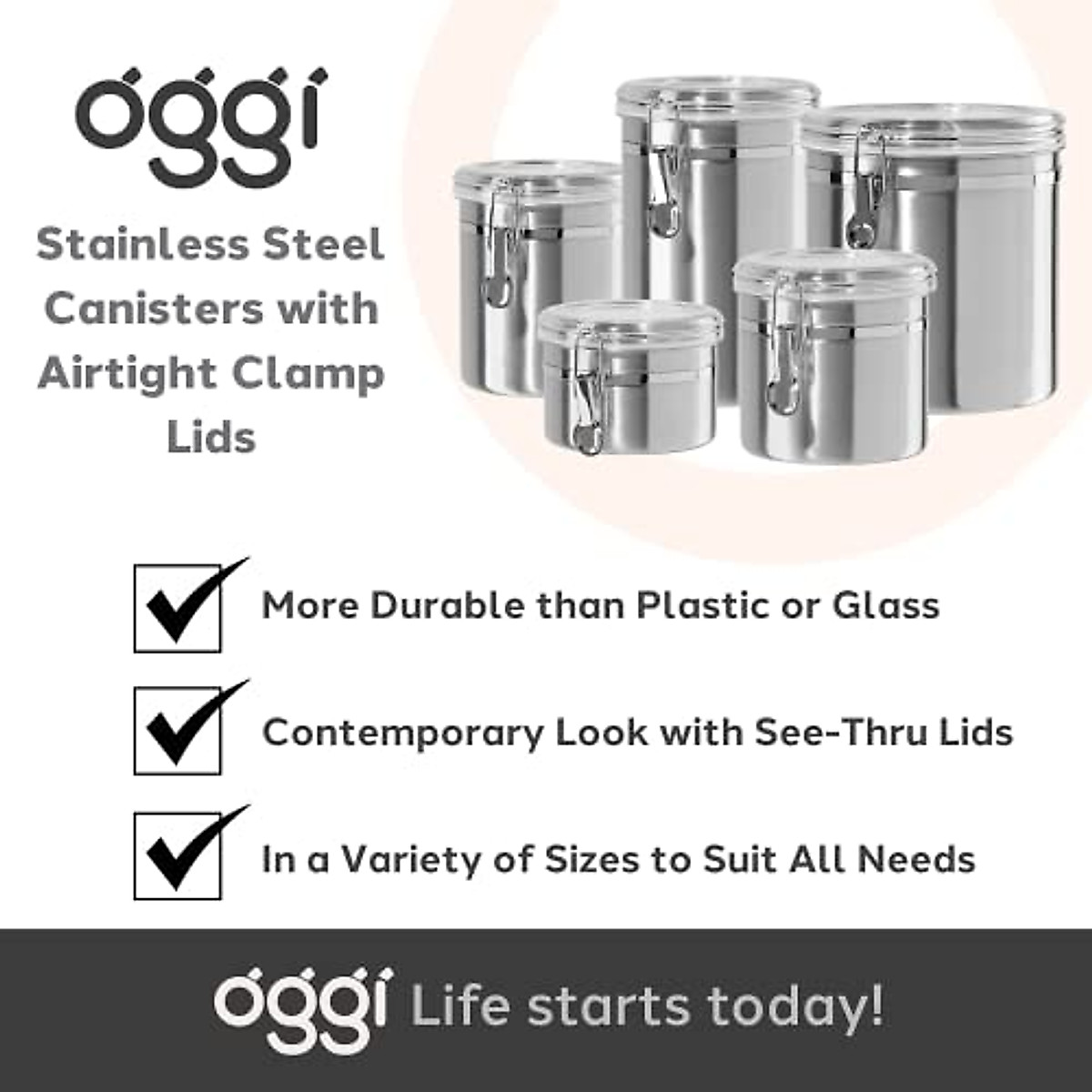 Oggi 150-ounce Stainless Steel Airtight Canister with Clear Arylic Lid and Locking Clamp