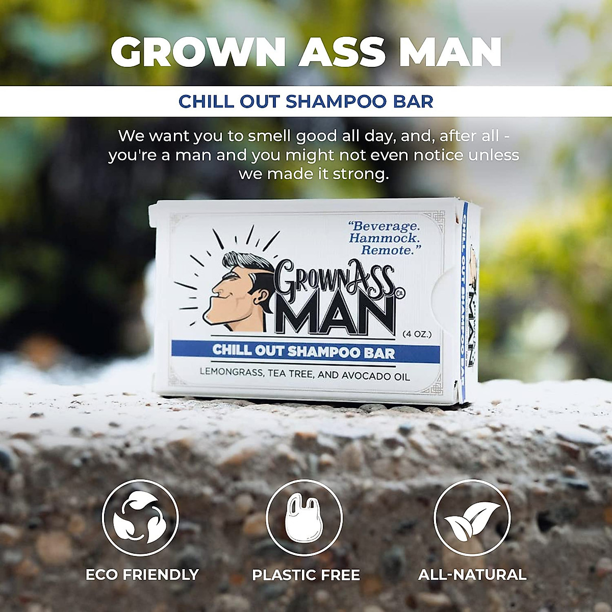 Grown Ass Man Co. - Solid Shampoo Bar Rich Lather 3 in 1: Hair, Beard & Body Wash - Plastic Free & Eco-Friendly, Natural & Organic Clean for All Hair Types, 4oz Bar (Chill Out, 3-Pack)