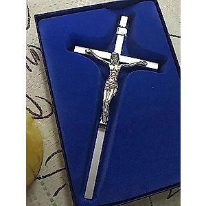 SWIMERY Crucifix Wall Cross,Silver Metal Slender Catholic Crosses for Room Decor, Cross (Hanging or Standing)-10Inch 10 x 5.1 x 0.7 inches