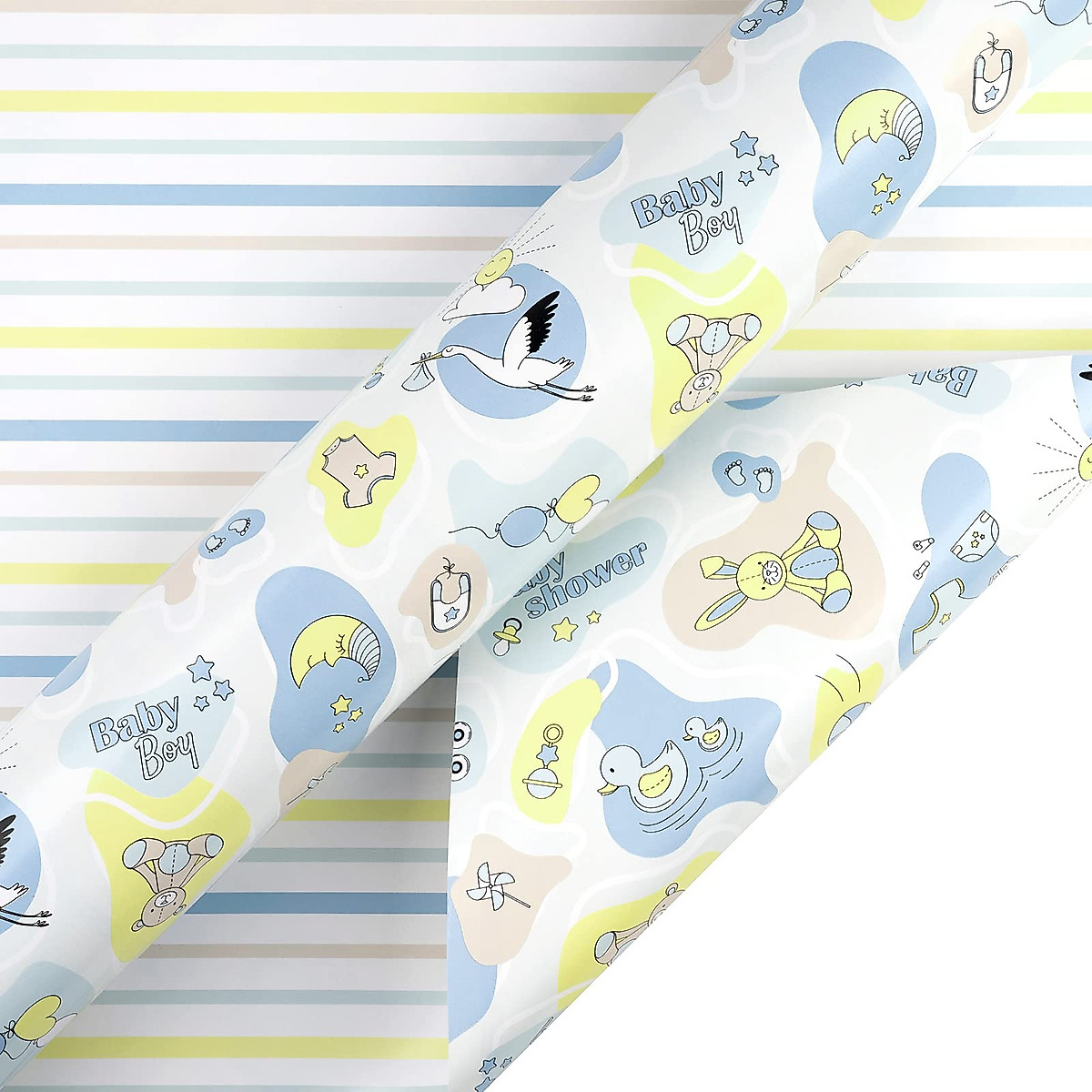 WRAPAHOLIC Reversible Wrapping Paper - 24 inch X 65.6 feet Jumbo Roll Baby Boy Design, Perfect for Kids Birthday, Party, Holiday, Baby Shower Packing