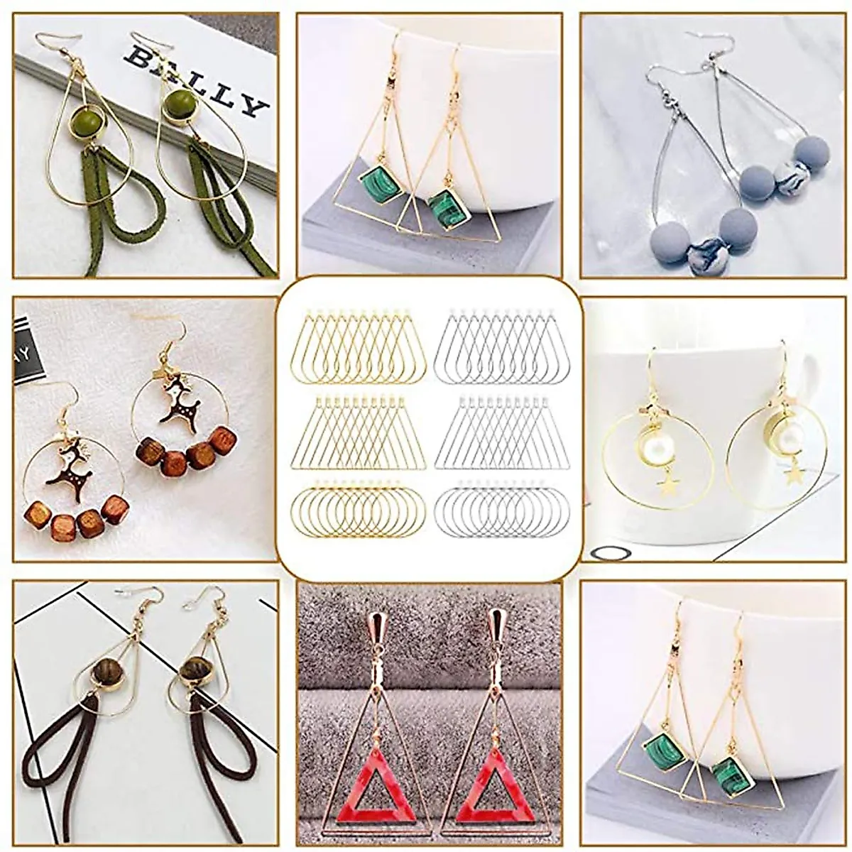 TopBine 60pcs Hoop Earrings Set - Round, Teardrop, Triangle - Gold K, White K - DIY Earring Making