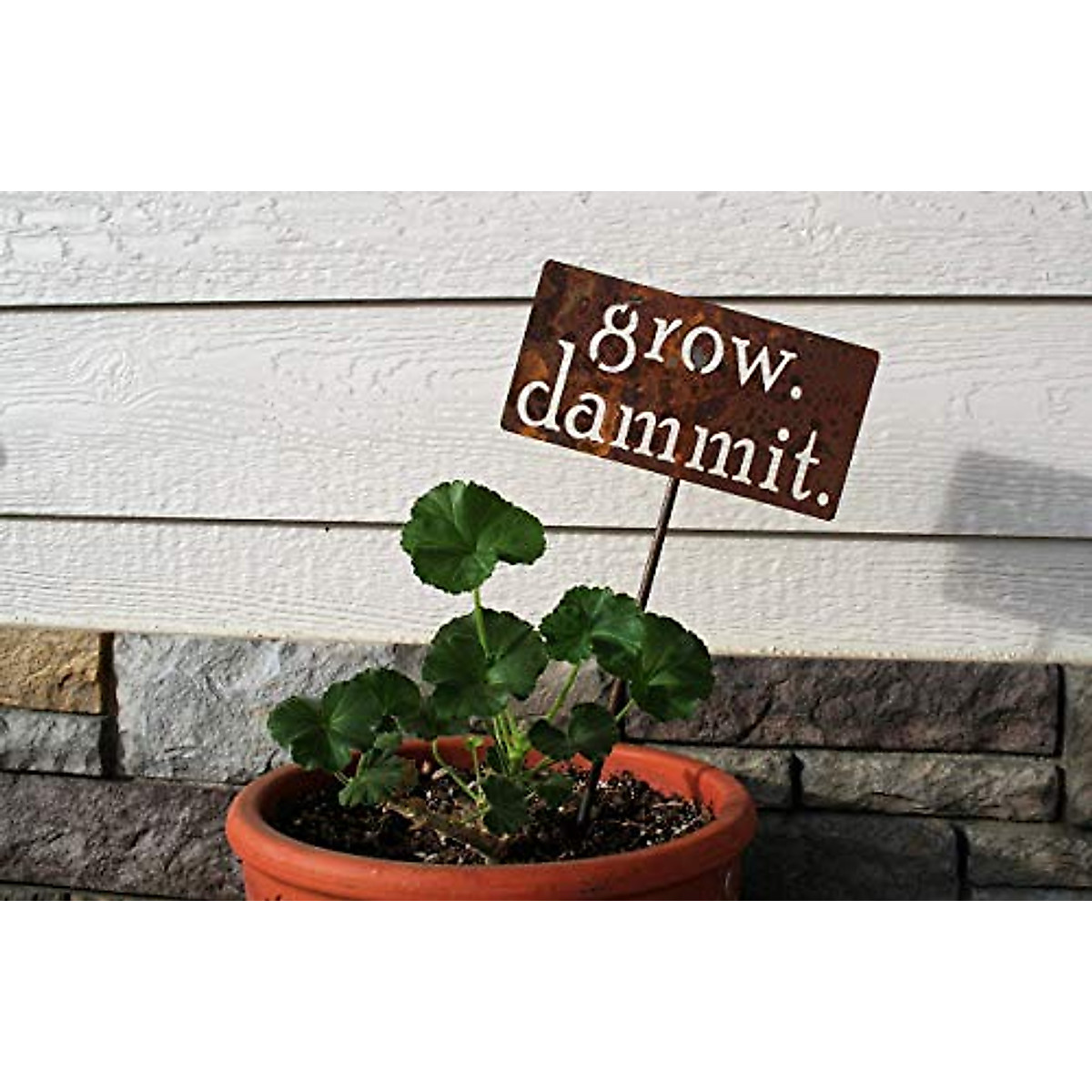 Grow. Dammit. Metal Garden Stake 20 to 28 Inches Tall (Small 20", Naturally Rusted)