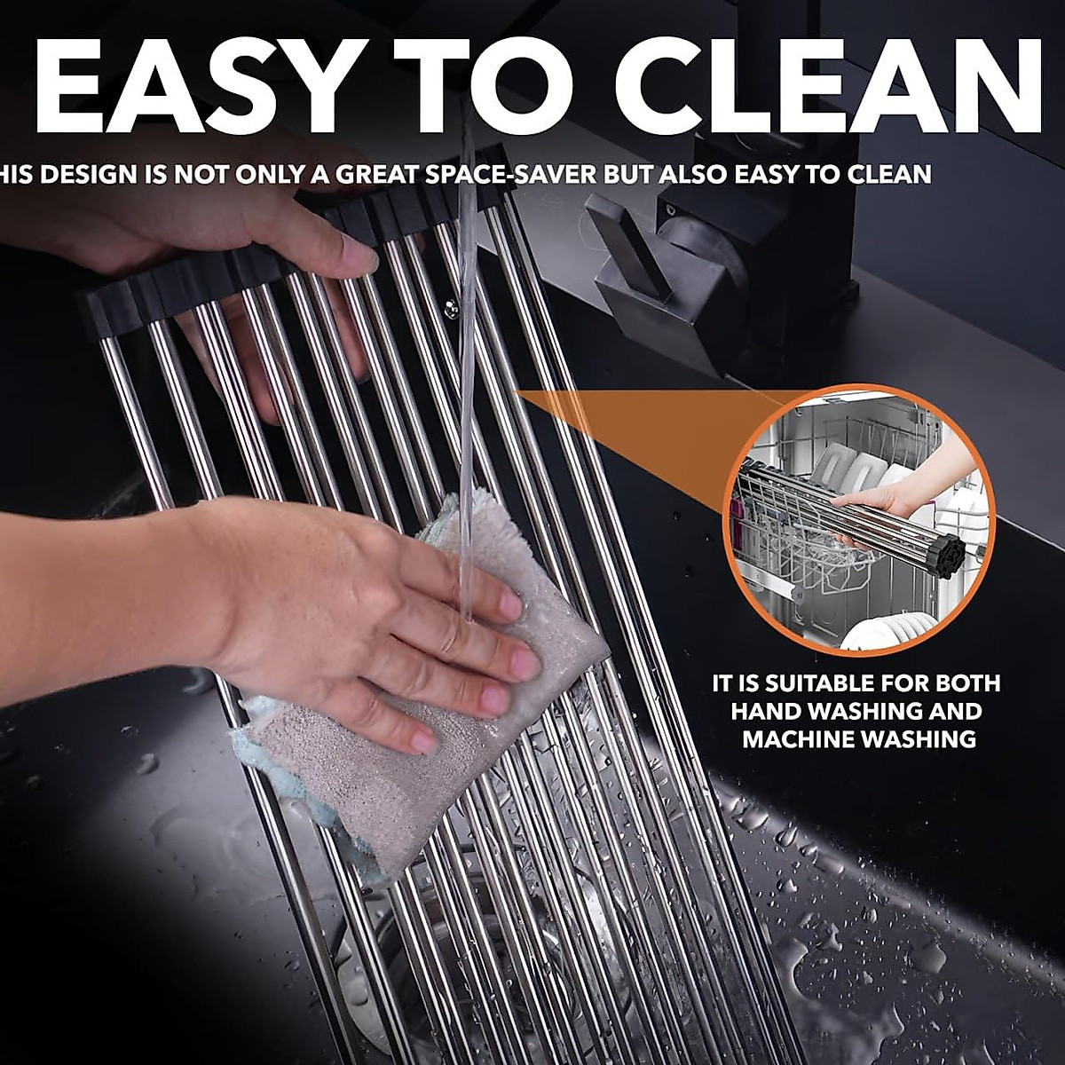 Roll Up Dish Drying Rack 21" x 16" - Over The Sink for Kitchen Counter, Foldable SUS304 Stainless Steel Dish Drying Rack for Cups, Utensils, Fruits, Vegetables