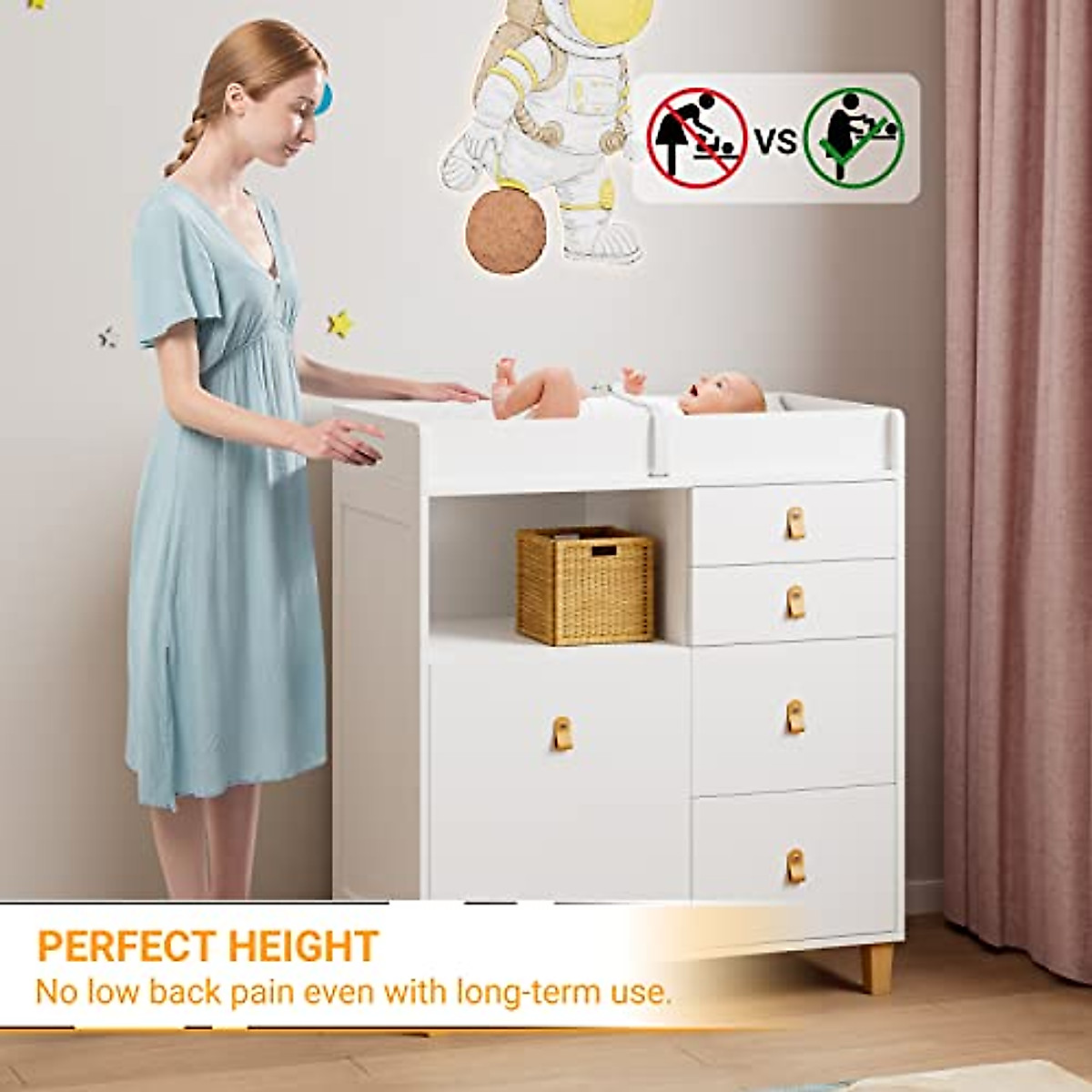 Timechee Baby Changing Table Dresser, 33.5" Baby Nursery Dresser with Drawers & Shelf, Wooden Storage Dresser Chest w/Changing Station for Infant Kids Bedroom, White