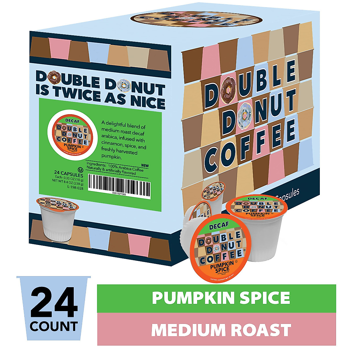 Double Donut Medium Roast Decaf Coffee Pods, Pumpkin Spice Flavored, for Keurig K-Cup Machines, 24 Single-Serve Capsules per Box