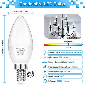 MAXvolador E12 LED Candelabra Light Bulbs 60W Equivalent, Daylight White 5000K 600 Lumen Chandelier Bulb, 6W B11 Candle Base, Non-Dimmable, Pack of 6