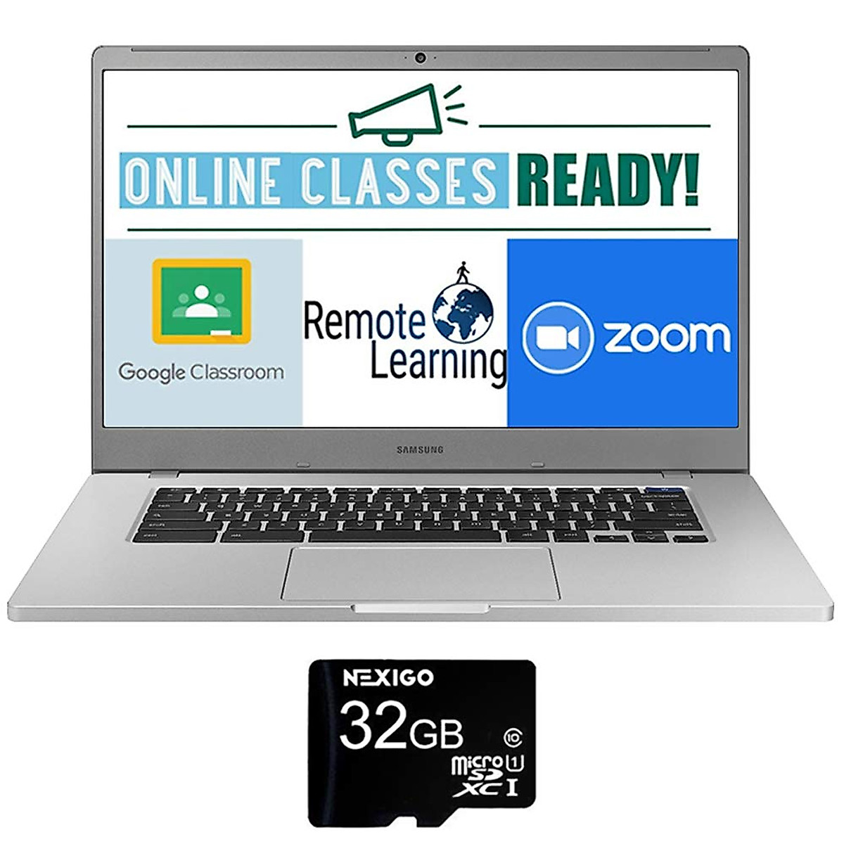 SAMSUNG 2021 Chromebook 15.6 Inch Laptop| FHD 1080P Display| Intel Celeron N4000 up to 2.6 GHz| 4GB RAM| 128GB eMMC| Bluetooth| Chrome OS + NexiGo 32GB MicroSD Card Bundle