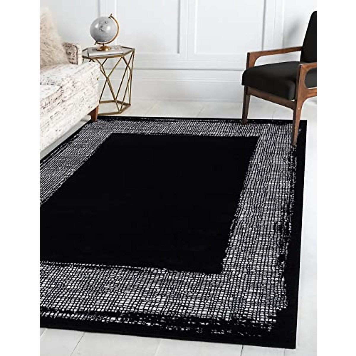 Beverly Rug Modern Border Indoor 5x7 Area Rugs w/Jute Backing for Living Room, Bedroom, and Kitchen Black/Off White