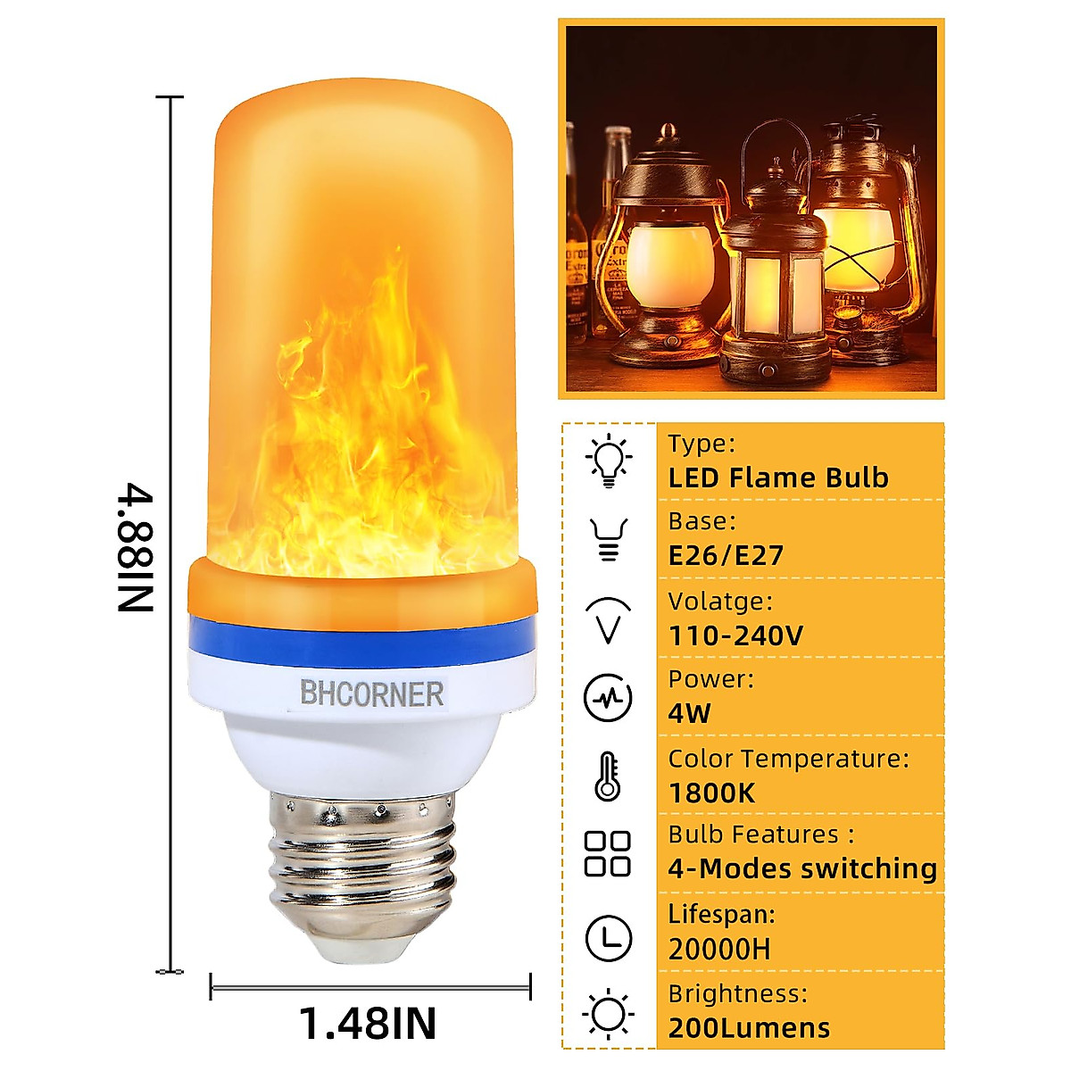 BHCORNER Smaller Size LED Flame Effect Light Bulbs - Halloween Decorations Outdoor Light Bulbs,E26/E27 Base Christmas Flickering Light Bulbs,Halloween Deco Night fire Light Bulb (2 Pack)