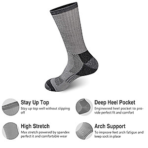 GKX Men's Merino Wool Moisture Wicking Outdoor Hiking Heavy Duty Work Cushion Crew Socks(Black)