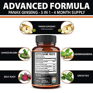 Zolotus Korean Red Panax Ginseng + Ginkgo Biloba, Ashwagandha, Beetroot, Green Tea - 120 Capsules (Pack of 2)