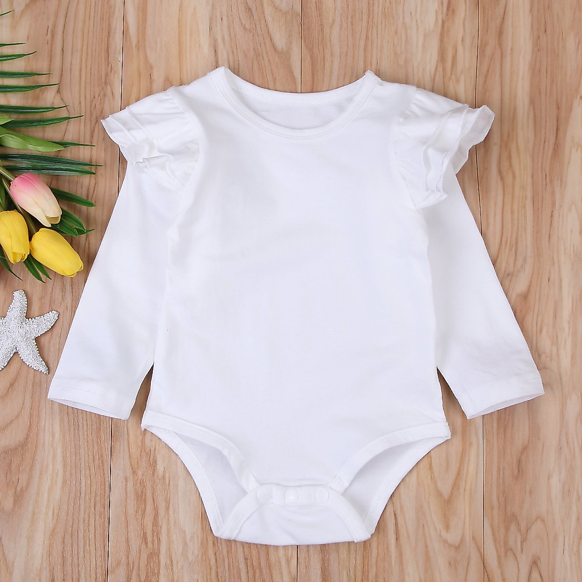 Infant Baby Girl Basic Ruffle Long Sleeve Cotton Romper Bodysuit Tops Clothes (White, 18-24 Months)