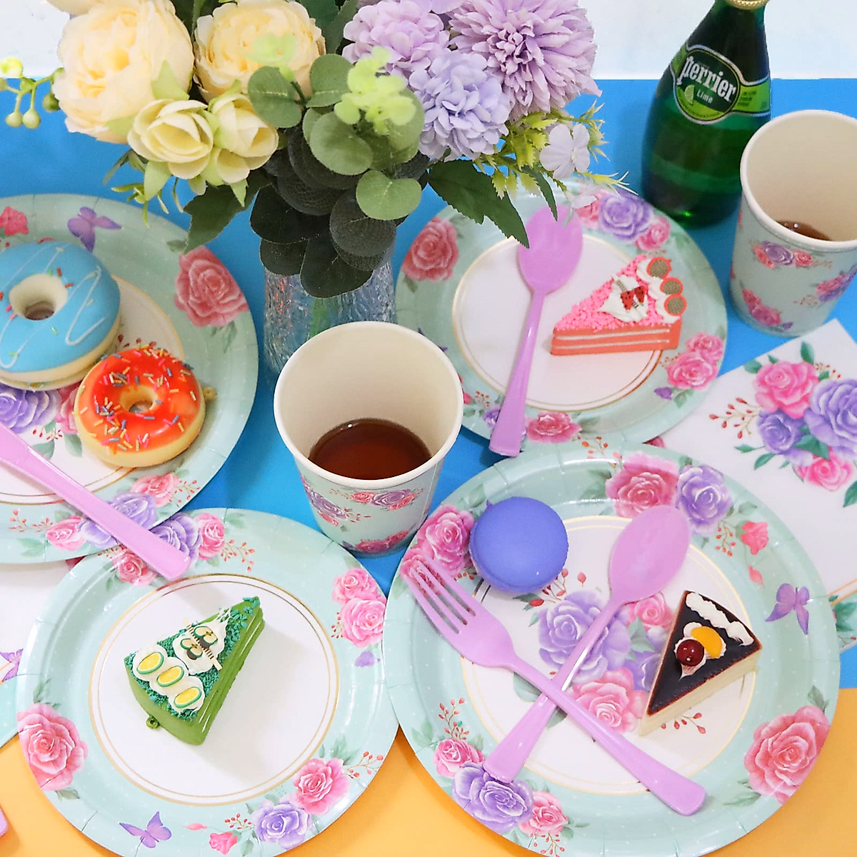 Decodinli 125 PCS Floral Party Supplies, Floral themed Disposable Plates, Cups, Napkins for Birthday, Baby Shower, Bridal Shower, Tea Party, Mothers Day, Serves 25