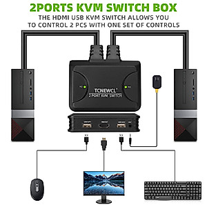 4K 2-Ports HDMI KVM Switch, for 2 Computers Share 1 HD Monitor and 2 USB Devices Keyboard Mouse, Supports 4K@30Hz, Included 2 HDMI Cables and Wire Desktop Controller
