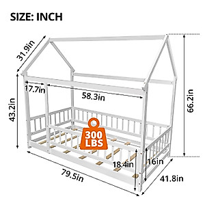 LLS Twin Montessori Floor Bed, Wooden Floor Bed Frame with Slats and Fence, House Bed for Boys Girls Bedroom, White