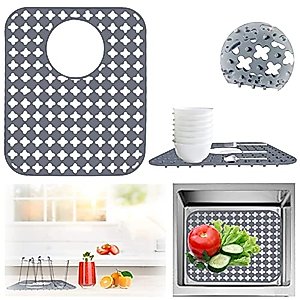 Silicone Kitchen Sink Mats, Folding Non-Slip Sink Grid Accessory, Grey Sink Protector Mat for Bottom of Farmhouse Stainless Steel Porcelain Sink (Rear Drain, 13.6"x11.5")