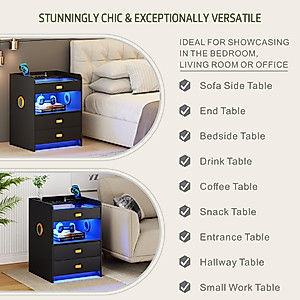 Nightstands with LED Lights, Smart Night Stand with Bluetooth Speakers & Body sensors, Modern Side Tables with Wireless Charging Stations,Black Bedside Table with Drawers (Black)