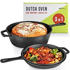 Modern Innovations 3-in-1 Dutch Oven, Cast Iron Pan (3.2QT) and Cast Iron Skillet (1.6QT) Combo, Cast Iron Pan with Lid, Preseasoned Cast Iron Pots and Pans Set, RV or Lodge Camping Cast Iron Set