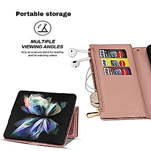 lefeda Wallet Case for Samsung Galaxy Z Fold 5, Sparkle Glitter PU Leather Phone Cover with Zipper Purse Card Slot and Wrist Strap Case for Women Girls,Gold