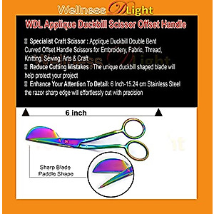 WellnessD'Light Set of 2 Multi Rainbow Color 6 Inch Stainless Steel Applique Duckbill Scissors Blade with Offset Handle & 6 Inch Machine Embroidery Double Curved Scissors Bundle by WDL