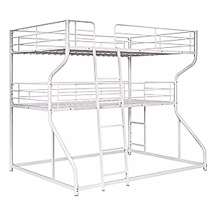 KoiHome Full Over Twin Over Queen Size Triple Bunk Bed with 2 Ladders, Metal Low Bed Frame with Full-Length Guardrail for Kids Teens Girls Boys Bedroom, Space-Saving, No Box Spring Needed, White