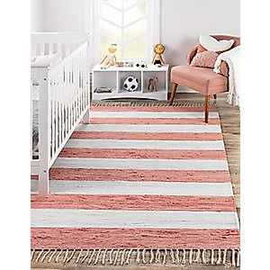 Unique Loom Chindi Rag Collection Area Rug - Striped (4' 1" x 6' 1" Rectangle, Coral and Ivory)