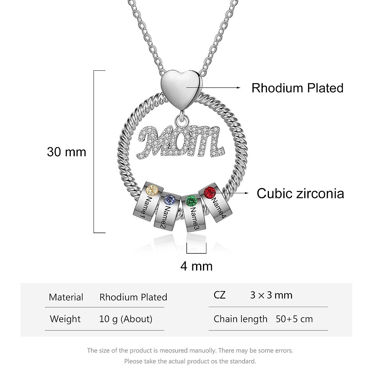 Mom Necklace Personalized Name Necklace for Women with Birthstone Custom Women's Pendant Circle Necklaces with Beads Personalized Gift for Mother Wife Grandma Mother's Day Gift (4 birthstones)