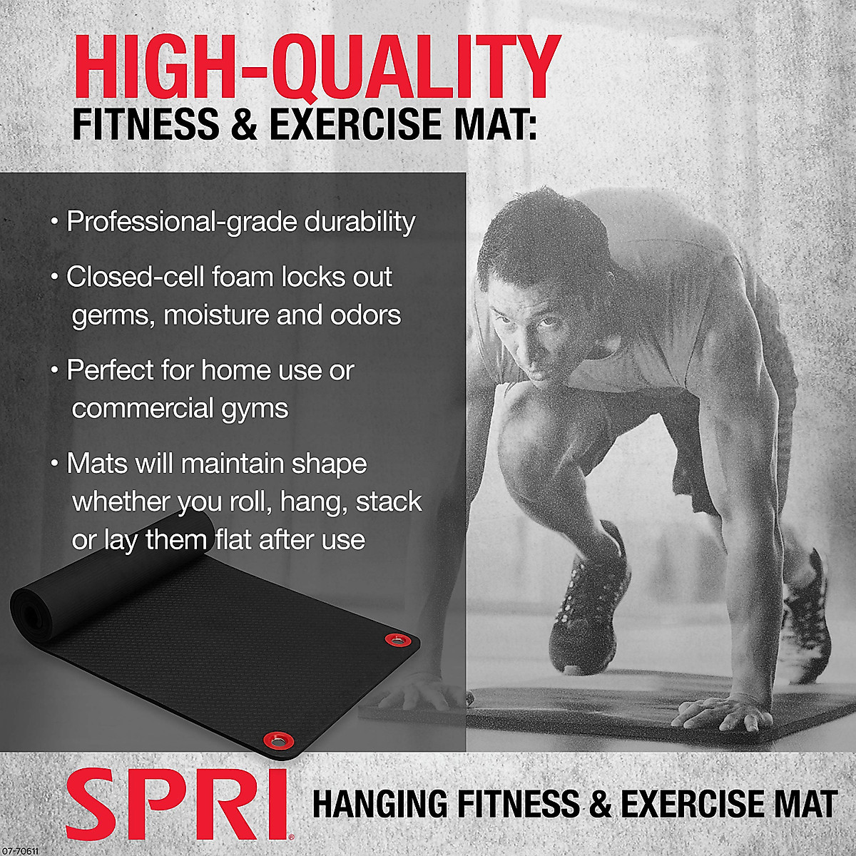 SPRI Hanging Exercise Mat, Fitness & Yoga Mat for Group Fitness Classes, Commercial Grade Quality with Reinforced Holes, 56" L x 23" W x 3/8" Thick