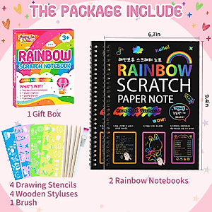 Rainbow Scratch Notebook Paper - Black Scratch Off Art Crafts Supplies Coloring Kit Toy for Kids Ages 3-9 Girls Boys DIY Children's Birthday Christmas Mother's Day Children's Day Gift 2 Pack
