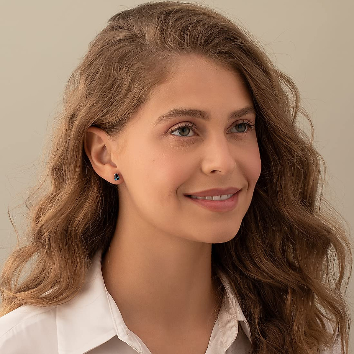 Peora 14K White Gold London Blue Topaz Earrings for Women, Natural Gemstone Solitaire Studs, 1.50 Carats Pear Shape, AAA Grade, Friction Back, December Birthstone Earrings, Gold Studs