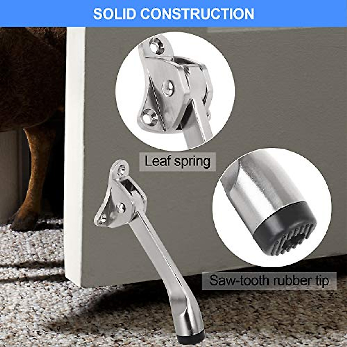 4 Pack Kickdown Door Stop, Heavy Duty Door Stopper with Rubber Tip and Spring Lever, Adjustable, Easy to Set Down and Release
