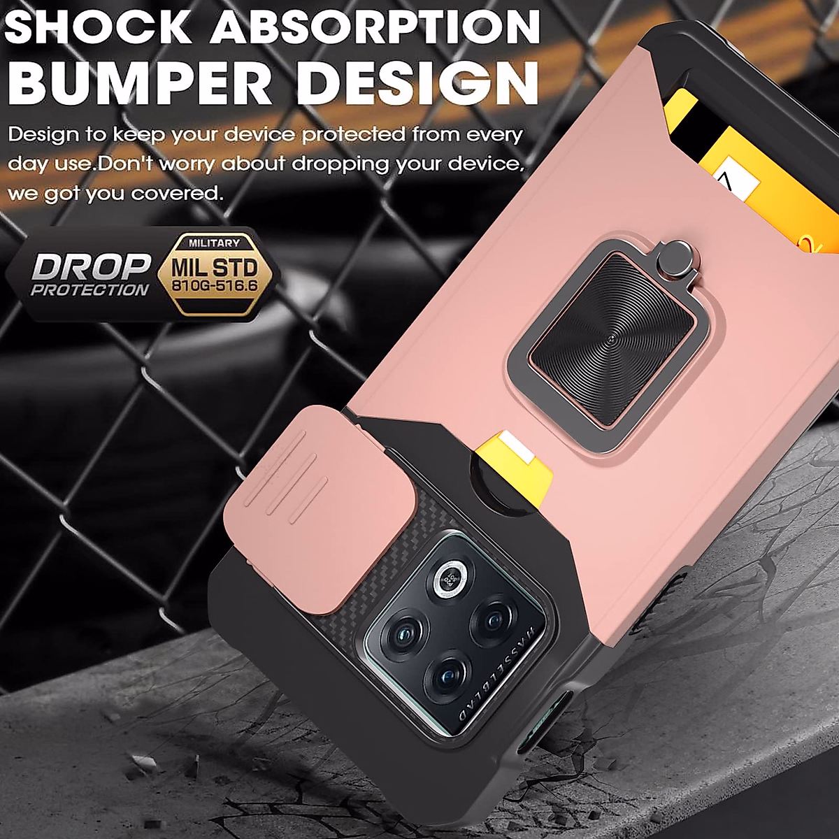 Lokyoo for OnePlus 10 Pro Case with Camera Cover & Kickstand, Slide Lens Cover + Built-in 360° Rotate Ring Stand, Armor Style, Impact-Resistant, Full Protect for OnePlus 10 Pro-Rose Gold