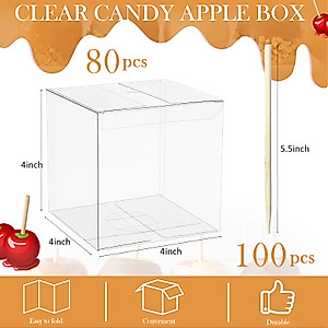 80 Pcs Candy Apple Boxes with Hole and Sticks Clear Candy Boxes for Wedding Transparent Plastic Caramel Apple Boxes for Wedding Baby Shower Party Cake Pops Cookies Chocolates Gift 4 x 4 x 4 Inch