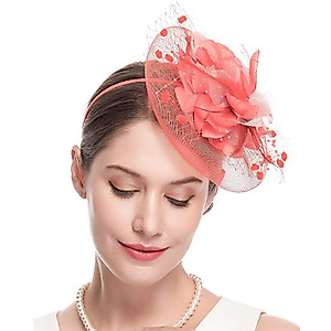Fascinators Hats for Womens 50s Headwear with Veil Flower Cocktail Wedding Tea Party Church Derby Hat (1-4-coral)