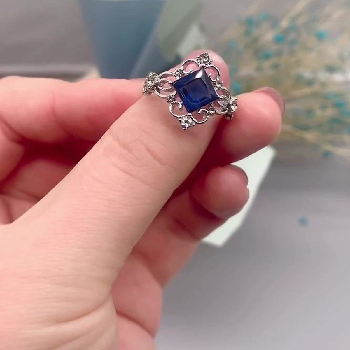 Women Wedding Band Ring Blue Gem Stone Stackable Engagement Rings Goth Rings Gemstone Birthstone Rings, Tourmaline Engagement Promise Rings for Women Size 6-10 (D, 9)