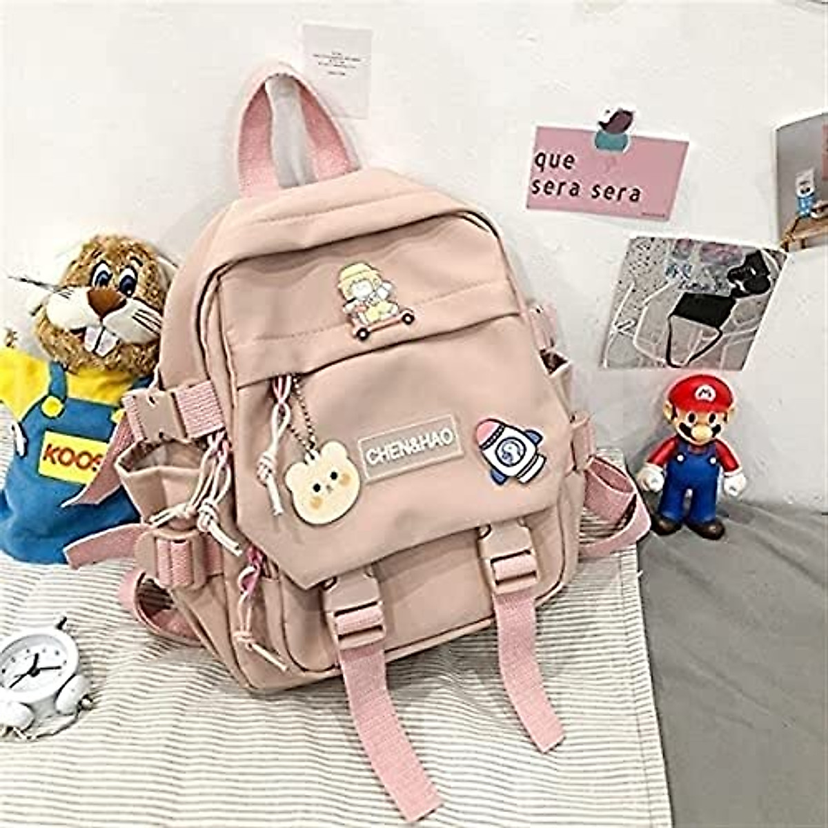 Fashion Girl School Bag Kawaii Backpack Waterproof Nylon with Kawaii Pendant Backpack Portable (Color : Pink)