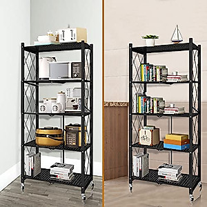 5-Tier Storage Shelves with Wheels, Heavy Duty Metal Shelf, Foldable Shelving Units, Storage Rack, Rolling Shelf No Assembly, Large Capacity Organizer Shelves for Garage Kitchen Warehouse Basement