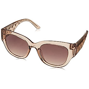 GUESS Women's Trendy Peony Pattern Accent Butterfly Sunglasses, Shiny Beige/Gradient Brown, 50mm