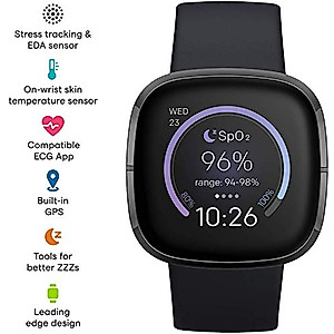 Fitbit Sense Advanced Smartwatch with Tools for Heart Health, Stress Management & Skin Temperature Trends, Carbon/Graphite, One Size (S & L Bands Included) (Renewed)
