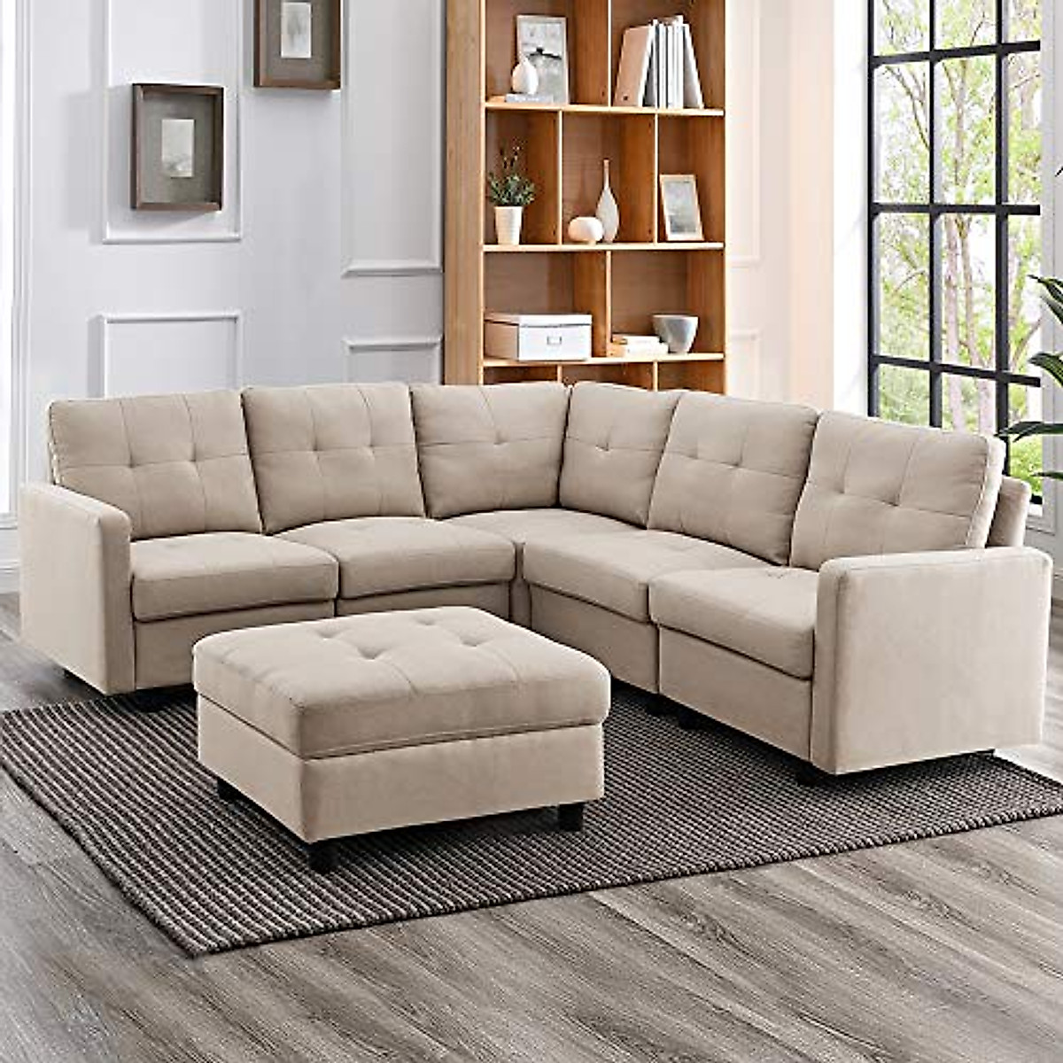 DAZONE Modular Sectional Sofa Assemble 6-Piece Modular Sectional Sofas Bundle Set Cushions, Easy to Assemble Left & Right Arm Chair, Corner Chair, Armless Chair, Ottomans Table Grey