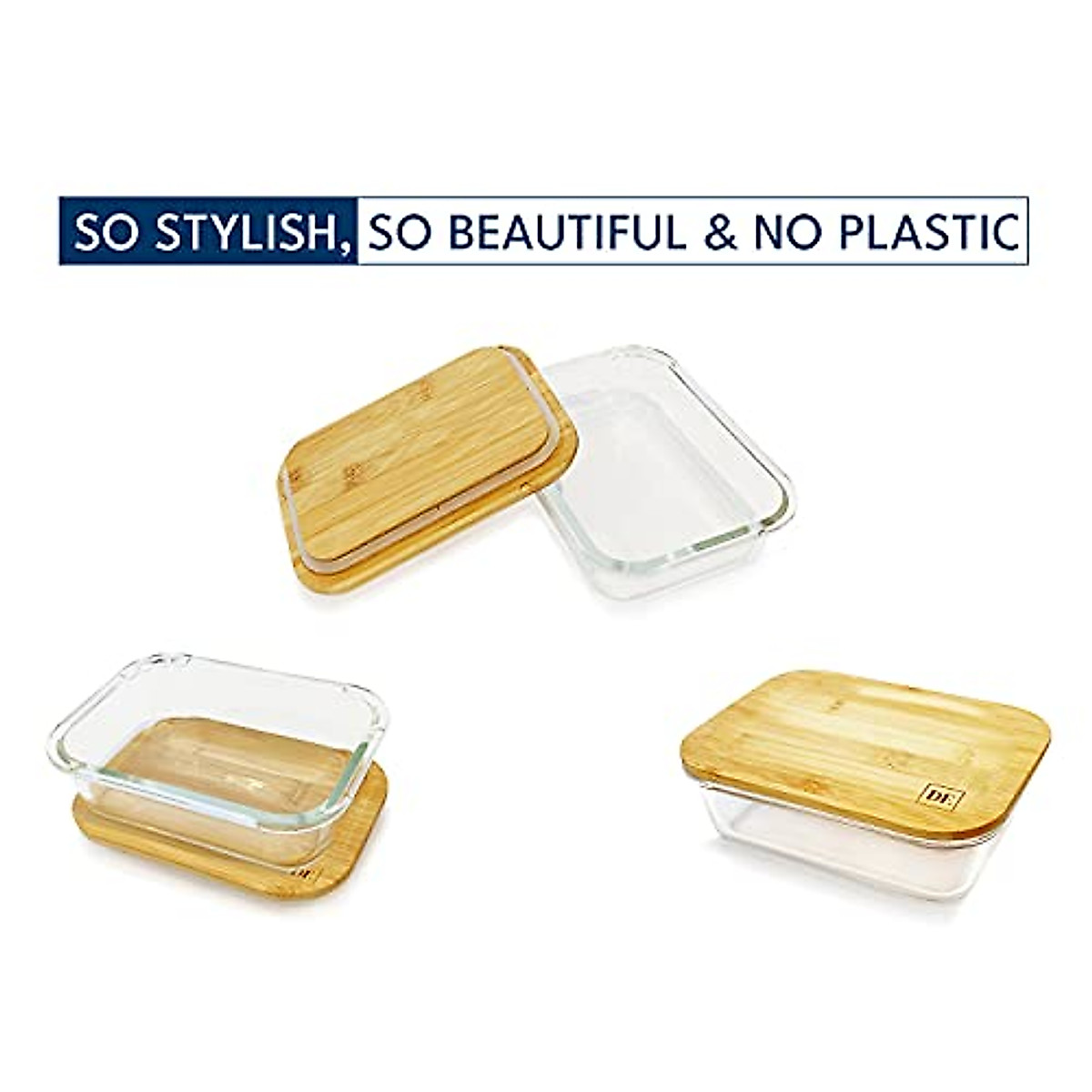 DE Plastic-Free Glass Food Storage Containers with Eco-Friendly Bamboo Wooden Lids, Set of 4 Pantry Organization Ideal for Flour, Sugar, Coffee, Teabags, Pasta, Candy, Snack and Various Dried Foods