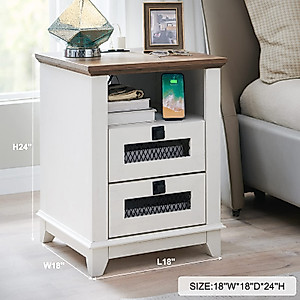 Nightstand with Charging Station,OKD 18'' Industrial & Farmhouse Square End Table w/ 2 Drawers & Open Cubby, Rustic Mesh Drawer Sofa Side Table w/Storage for Bedroom, Living Room Office, Antique White